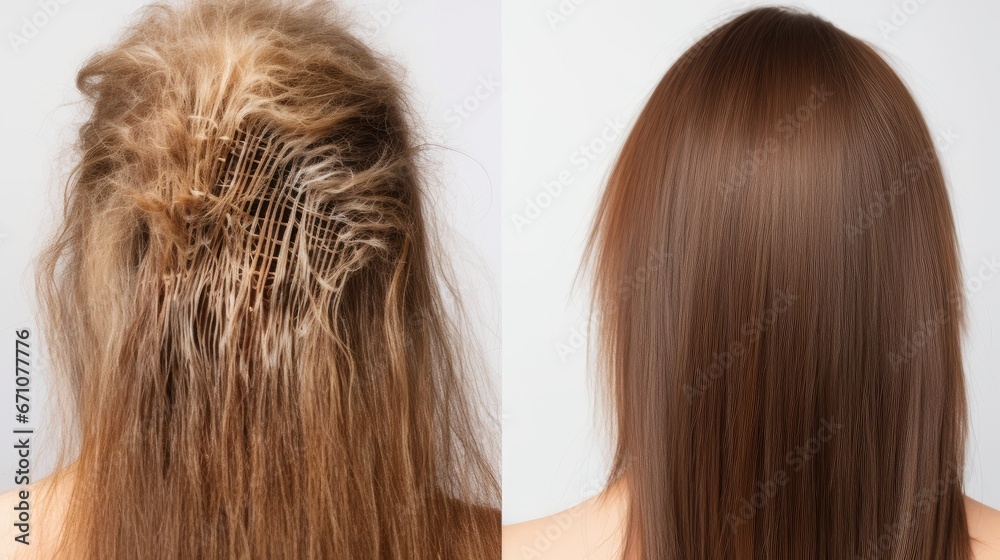 Closeup before-after unhealthy messy hair and clean brush healthy ...