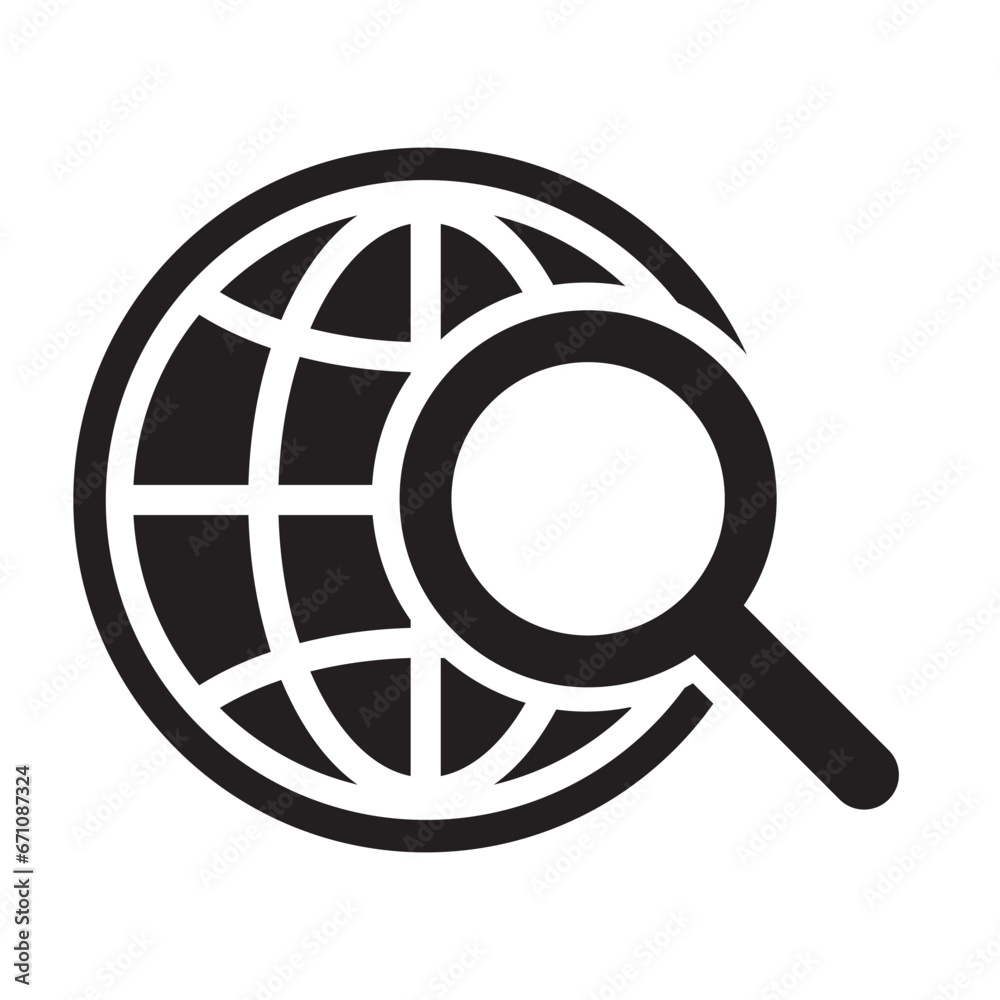 Magnifier and globe icon, search for a place on a map or on the globe ...