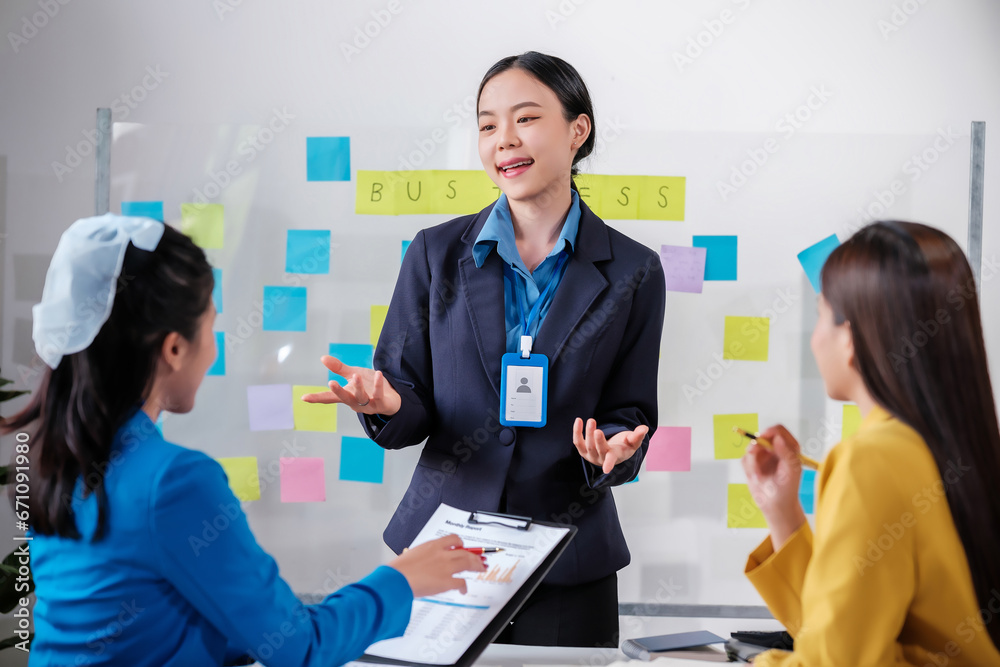 Business, board and Asian woman with presentation, planning and explain ...