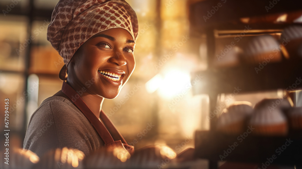 Cheerful black female baker portrait proudly displaying her scrumptious ...