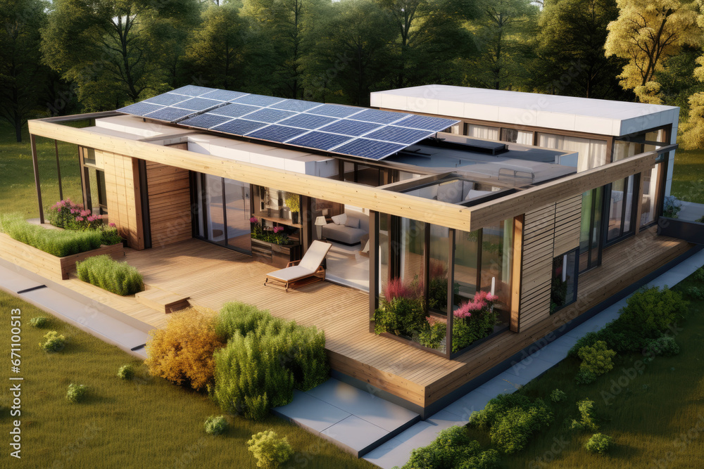 a modern modular house made with wood, with solar pannels, grass lawn ...