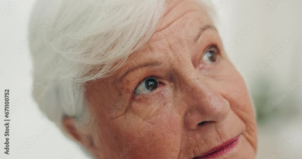 Thinking, depression and a senior woman with alzheimer, memory or fail in a retirement home ...