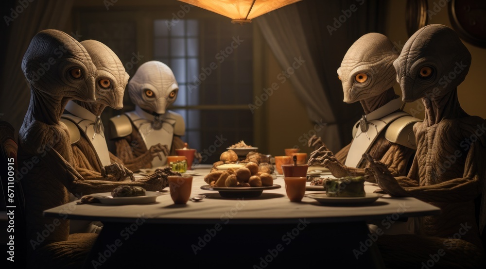 A bizarre gathering of extraterrestrial beings enjoying a feast inside ...
