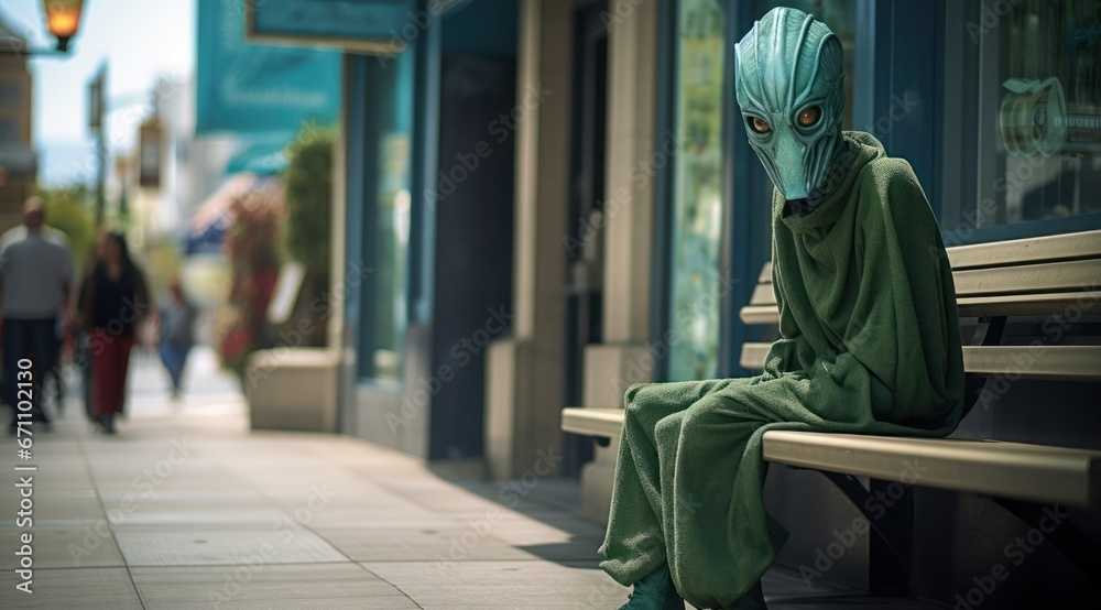 An otherworldly being draped in unique clothing sits on a bench in the ...
