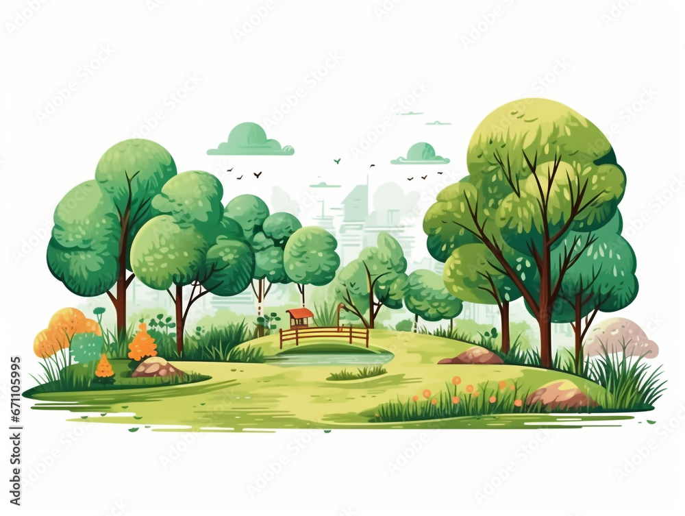 Cartoon style illustration of a beautiful public park equipped with ...