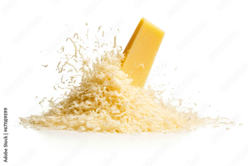An isolated view of finely grated cheddar cheese, creating a tempting ...