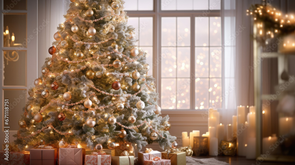 A traditional Christmas tree bedecked with a diverse array of baubles ...
