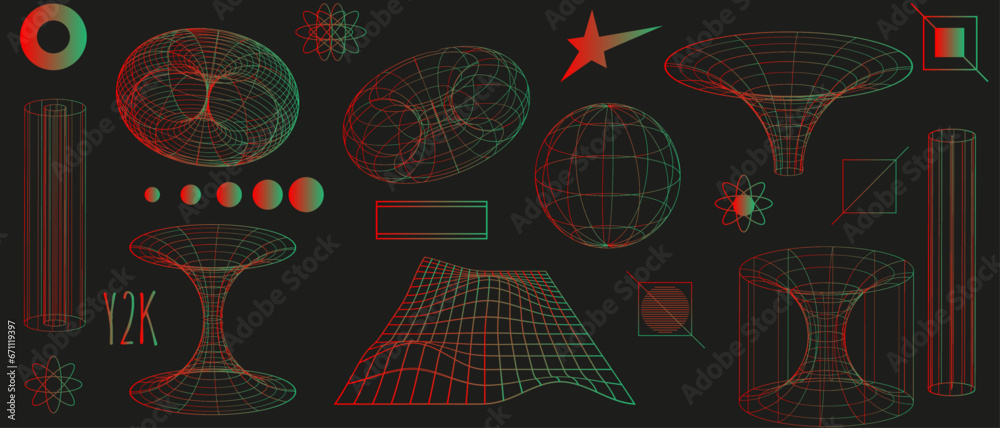 Set 3d cyberpunk gradient abstract Geometric y2k aesthetic elements and ...