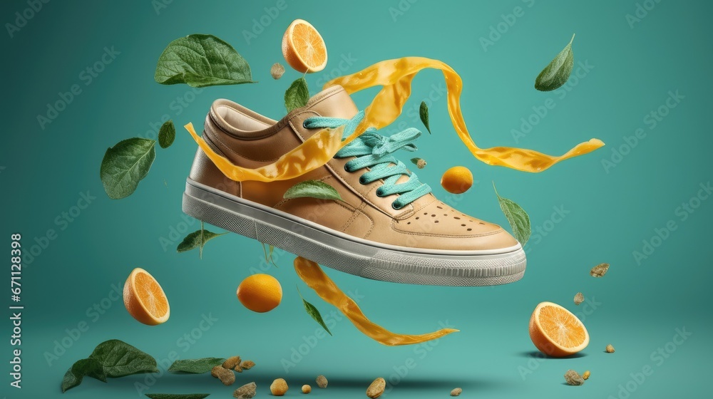 Classic old school sneaker with flying laces on gray backgroundFresh ...