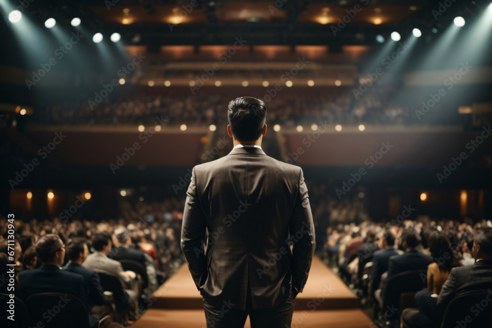 Back view of motivational speaker standing on stage in front of ...