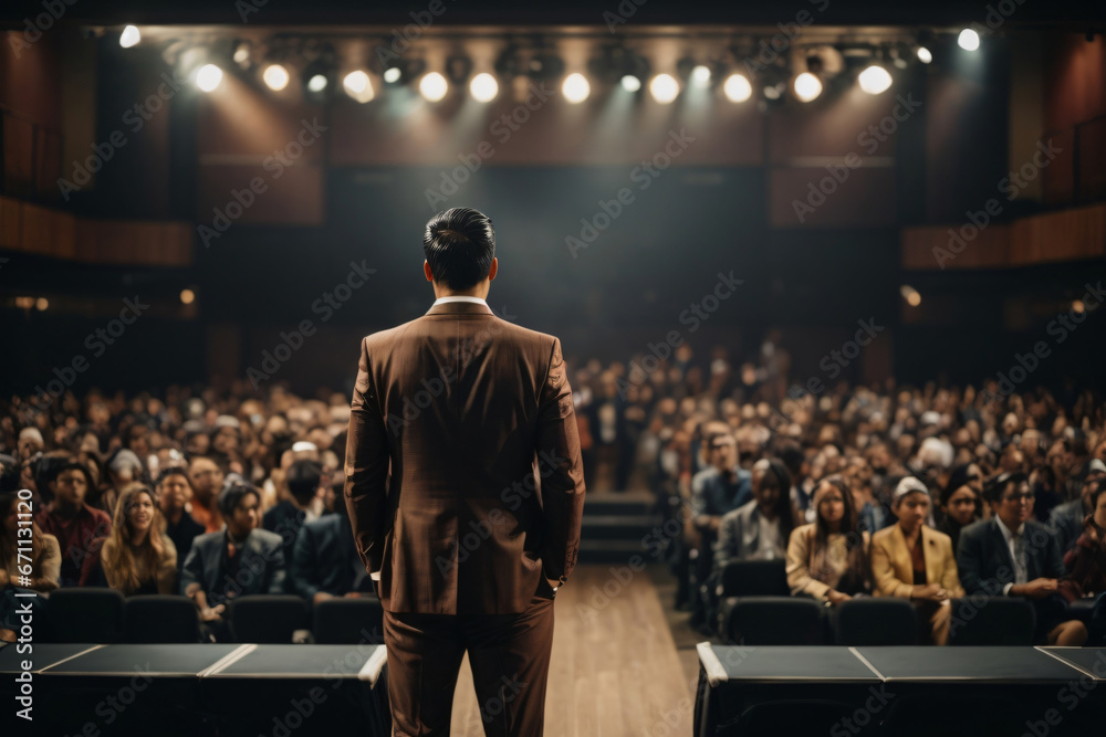 Back view of motivational speaker standing on stage in front of ...