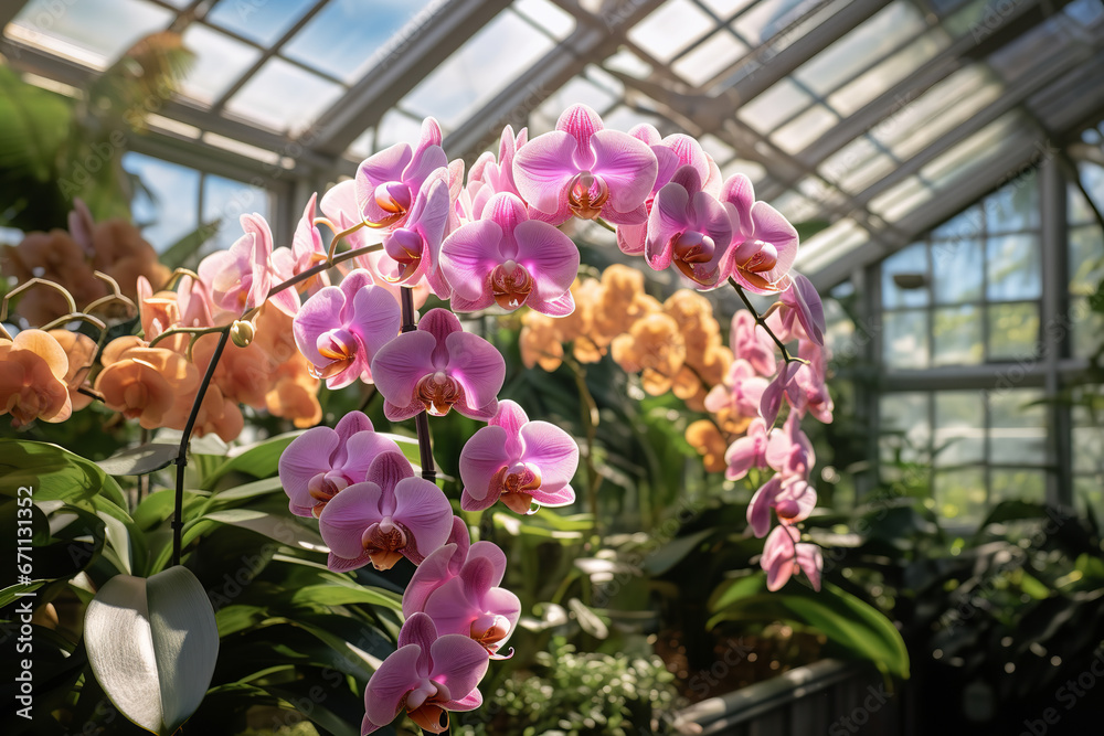 Colorful orchids are in full bloom in a humid, tropical greenhouse ...