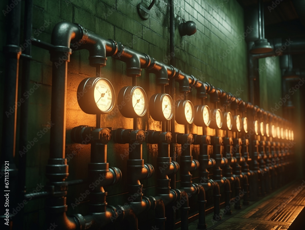 Old underground pipe network installed on the wall complete with ...