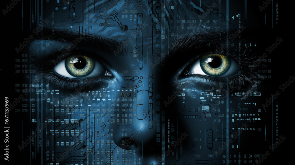 A dark, enigmatic face featuring prominent, piercing eyes, intertwined ...