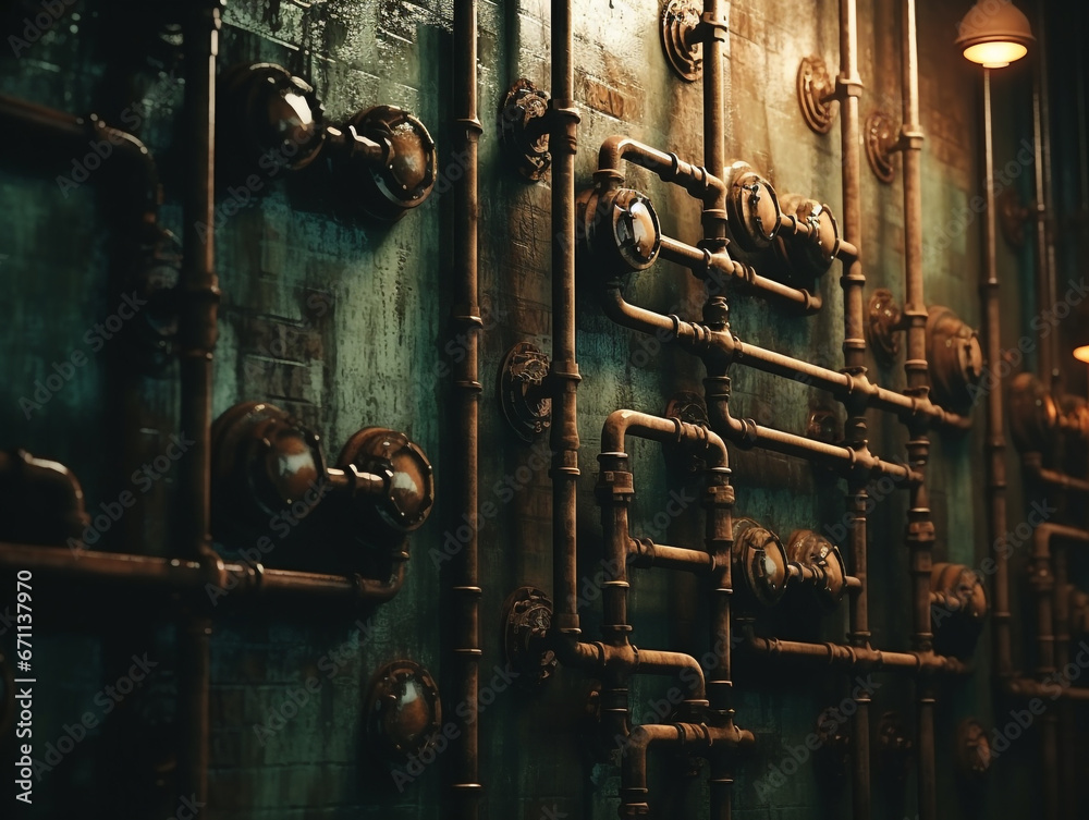 Old underground pipe network installed on the wall complete with ...