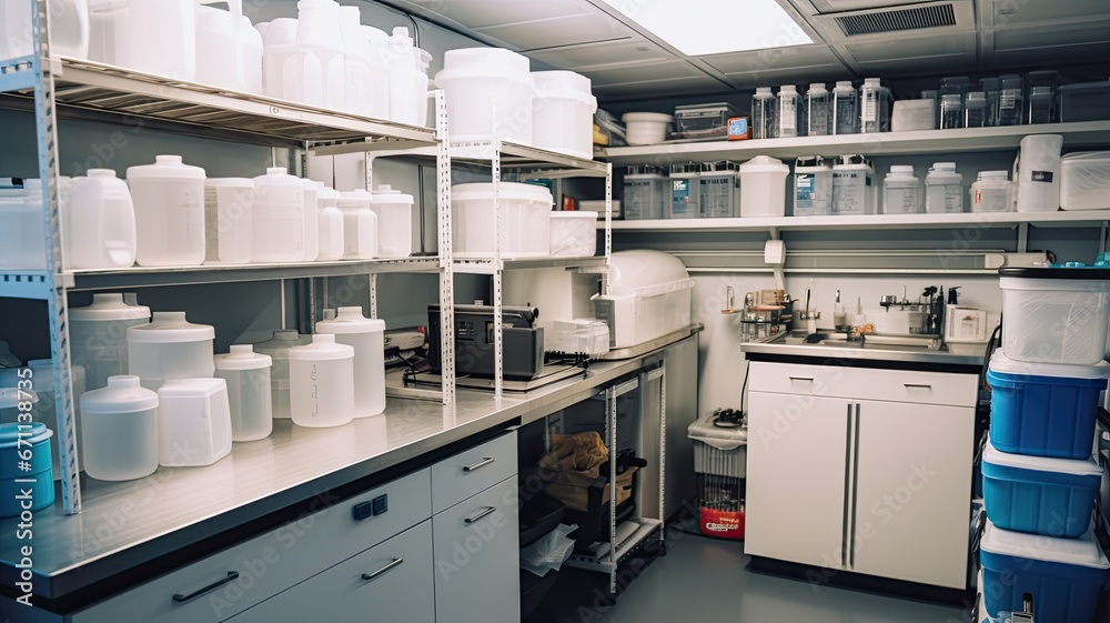 A clean and organized lab space with labeled containers and orderly ...
