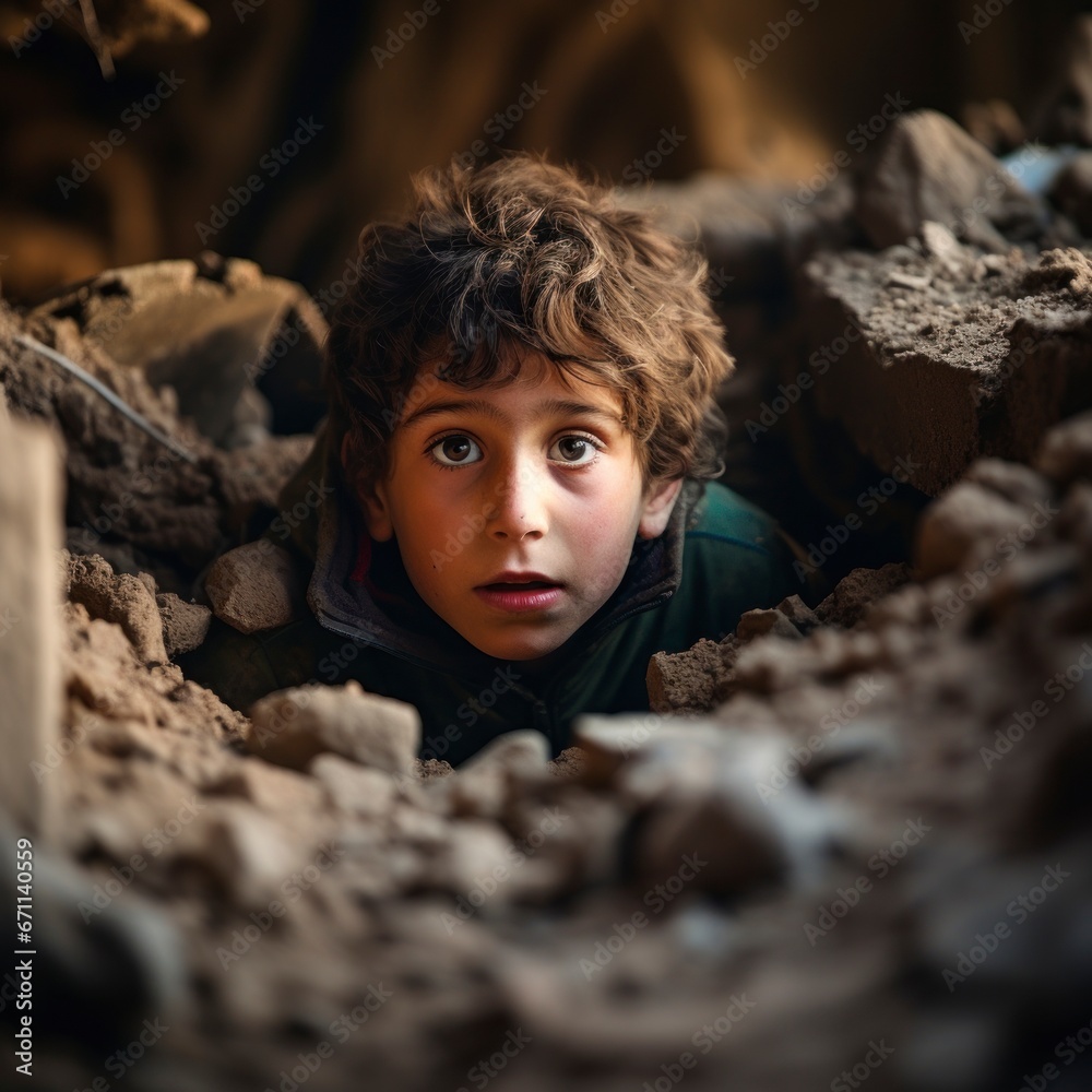 Child afraid under rubble after a strong earthquake during the day in ...