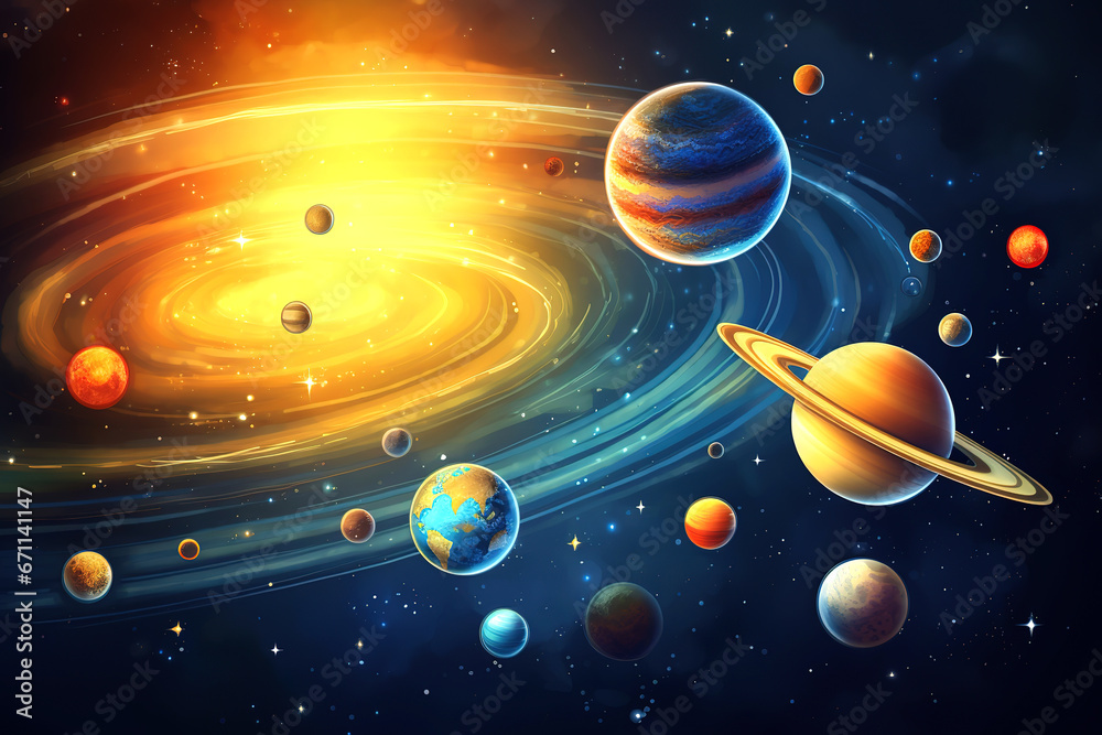 Cartoon solar system, galaxy illustration, space background with ...