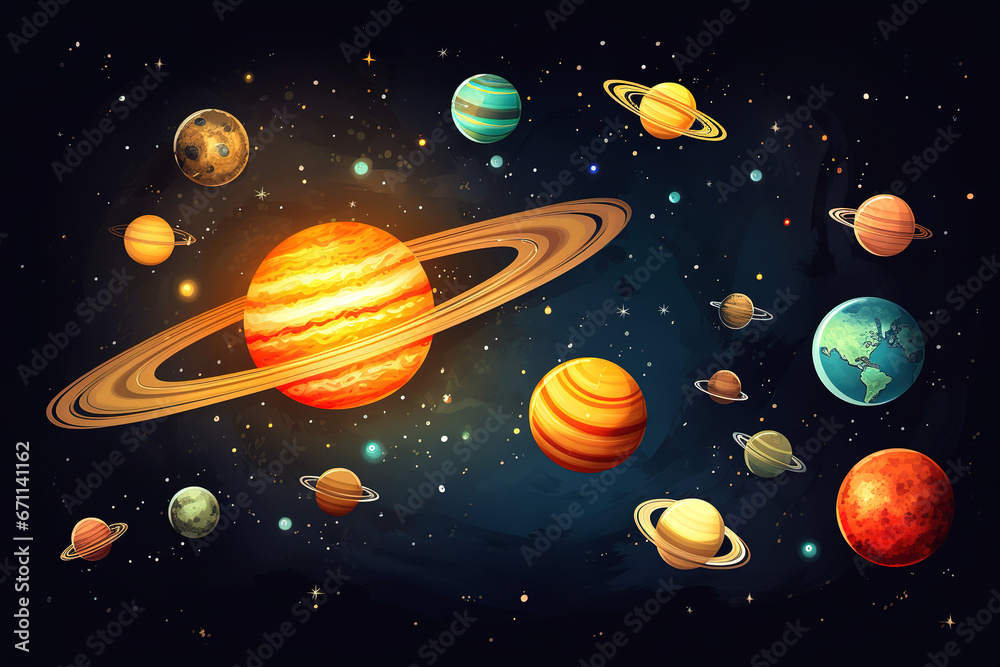 Cartoon solar system, galaxy illustration, space background with ...