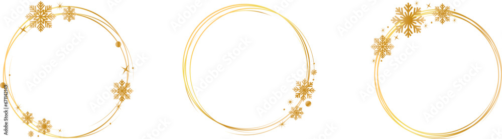 Set of circle golden frames with a golden snowflakes. Golden glitter ...