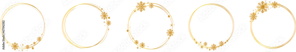 Set of circle golden frames with a golden snowflakes. Golden glitter ...