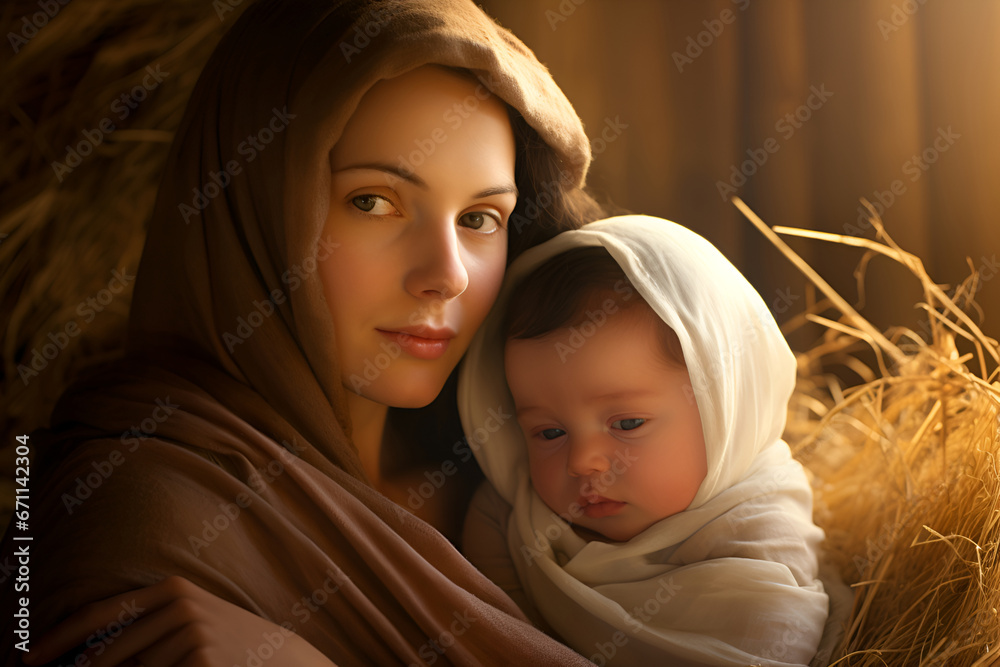 Mary and her newborn in a manger, symbolizing the Nativity of Jesus ...