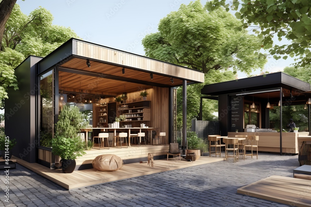 Small modern coffee shop, wooden exterior, realistic render ...