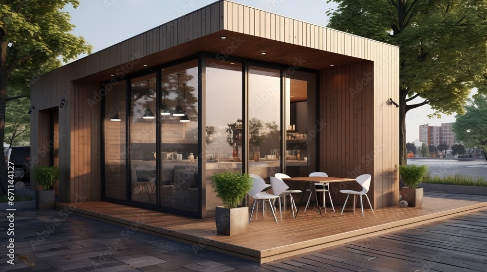 Small modern coffee shop, wooden exterior, realistic render ...