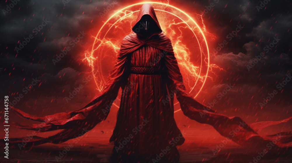 Mystical figure shrouded in red amidst a stormy backdrop. Powerful ...
