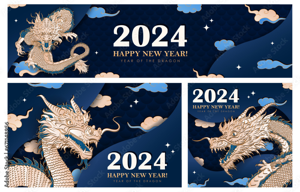 Set of 3 blue posters with hand drawn paper cut Chinese Dragon as a ...