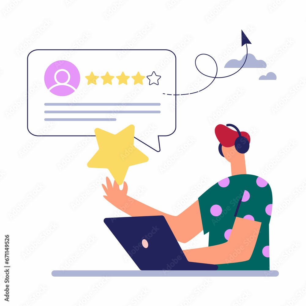Man sitting with laptop giving feedback review or leaving comments ...