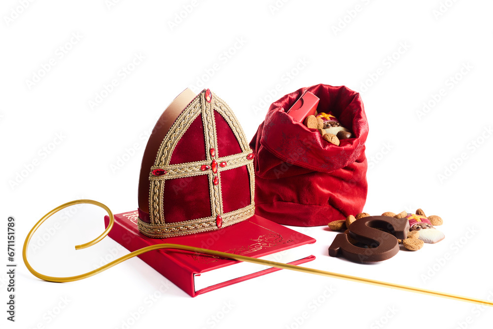 Dutch holiday Sinterklaas background with mitre or mijter staff and ...