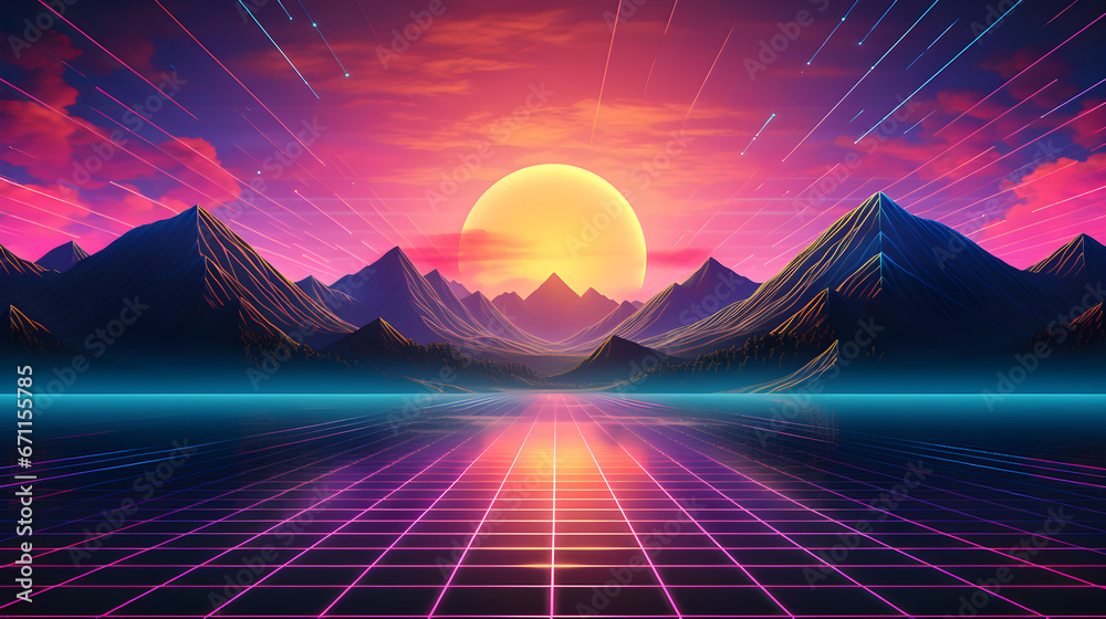 Retro cyberpunk style landscape background banner or wallpaper ...