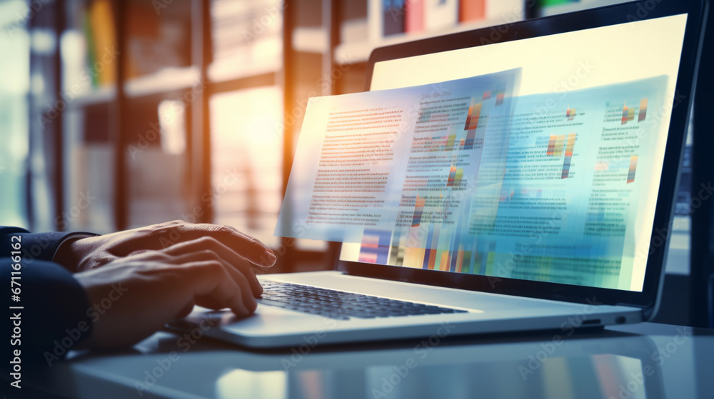 Human AI touch on visual screen document management concept.Businessman ...