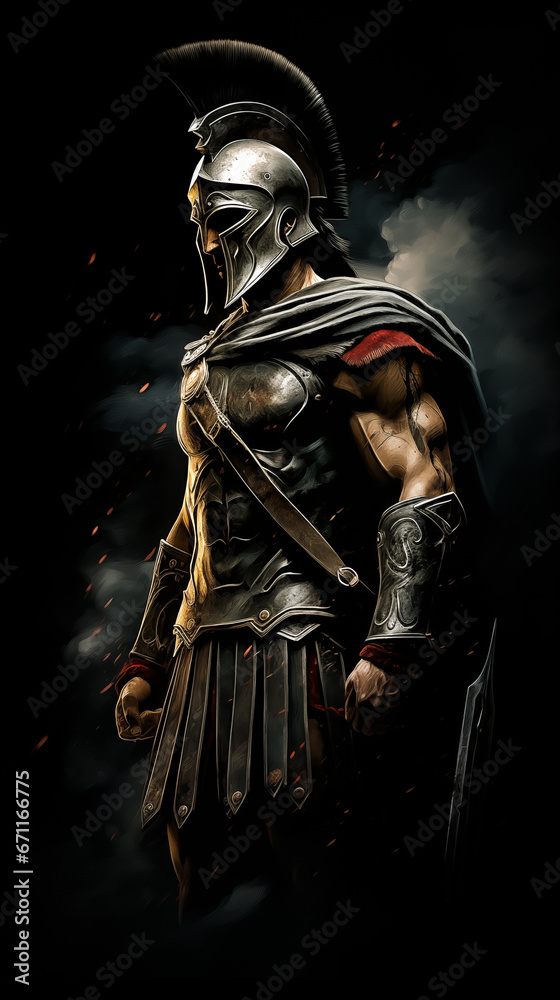 Portrait of a brave spartan warrior standing on dark background ...