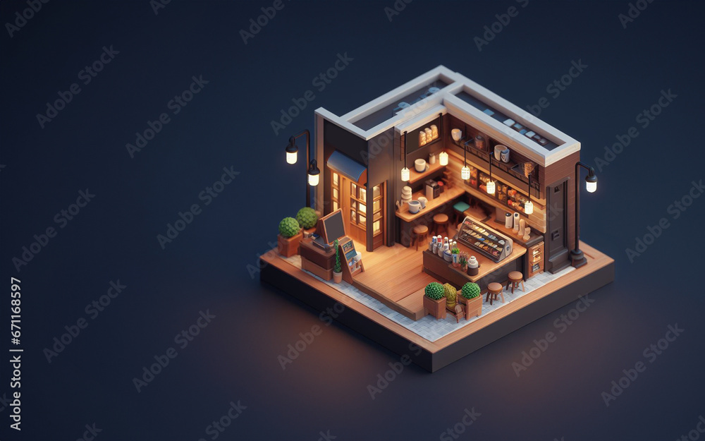 Isometric coffee shop a three dimensional style coffee shop in a dark ...