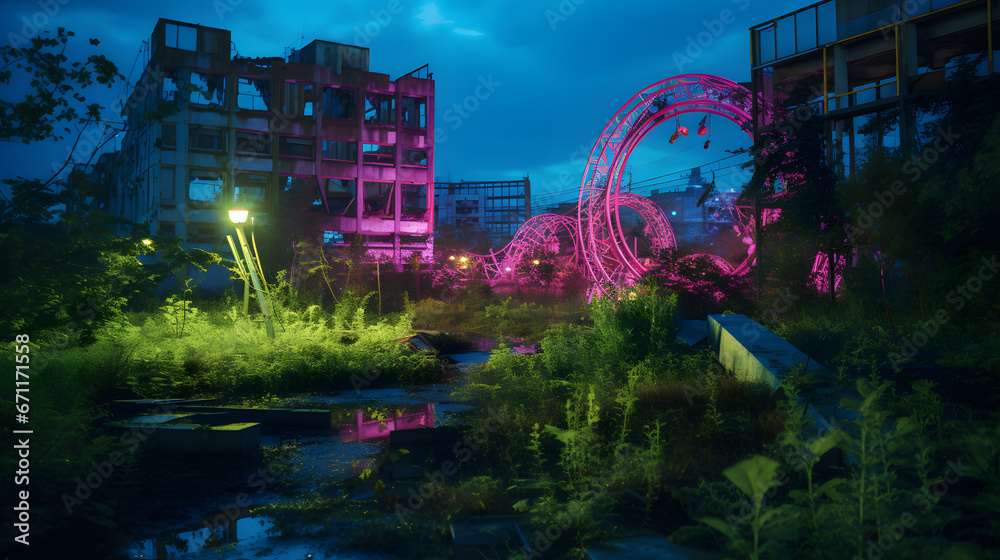Overgrown, abandoned theme park in a neon-lit city, surreal background ...
