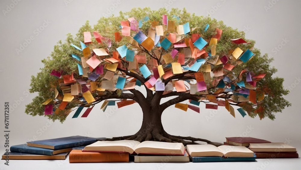 Tree with paper leaves on its branches comes out of a giant book ...