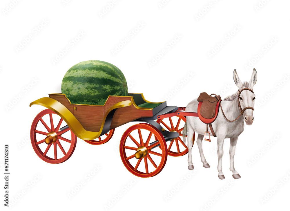 Âne, pastèque, calèche, cheval, voiture, roue, vieux, vecteur, carrosse ...