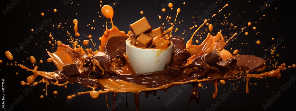 Caramel splash milk sauce chocolate liquid background cream explosion ...