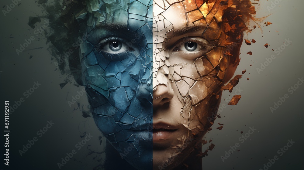 Split personality with two faces. Bipolar disorder as woman with rapid ...