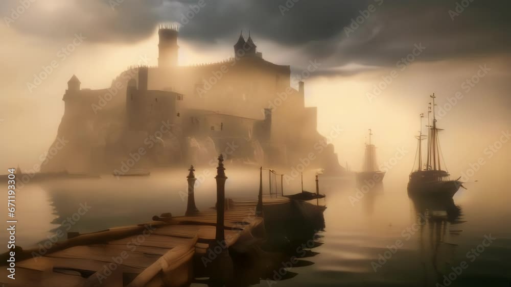Historic Scenes of a Tall Ships in a Medieval Harbor with Lamp Lit Dock ...