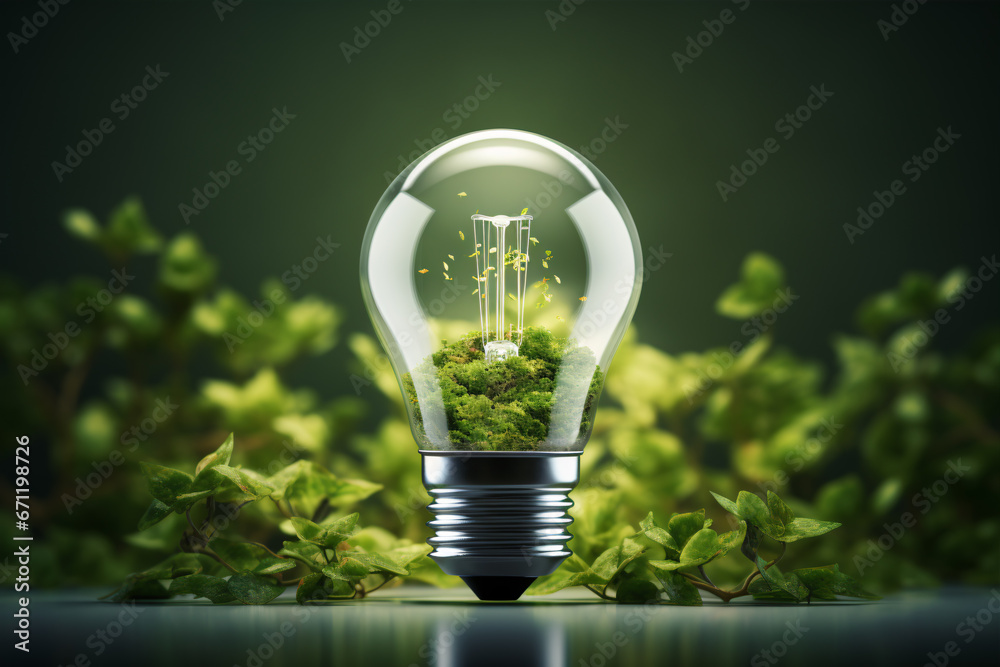 An isolated green background features an eco-friendly LED bulb powered ...