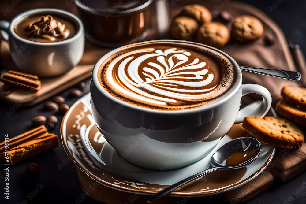 High Class Cafe Latte with Cookie, Spoon, and Caramel Topping - Highly ...