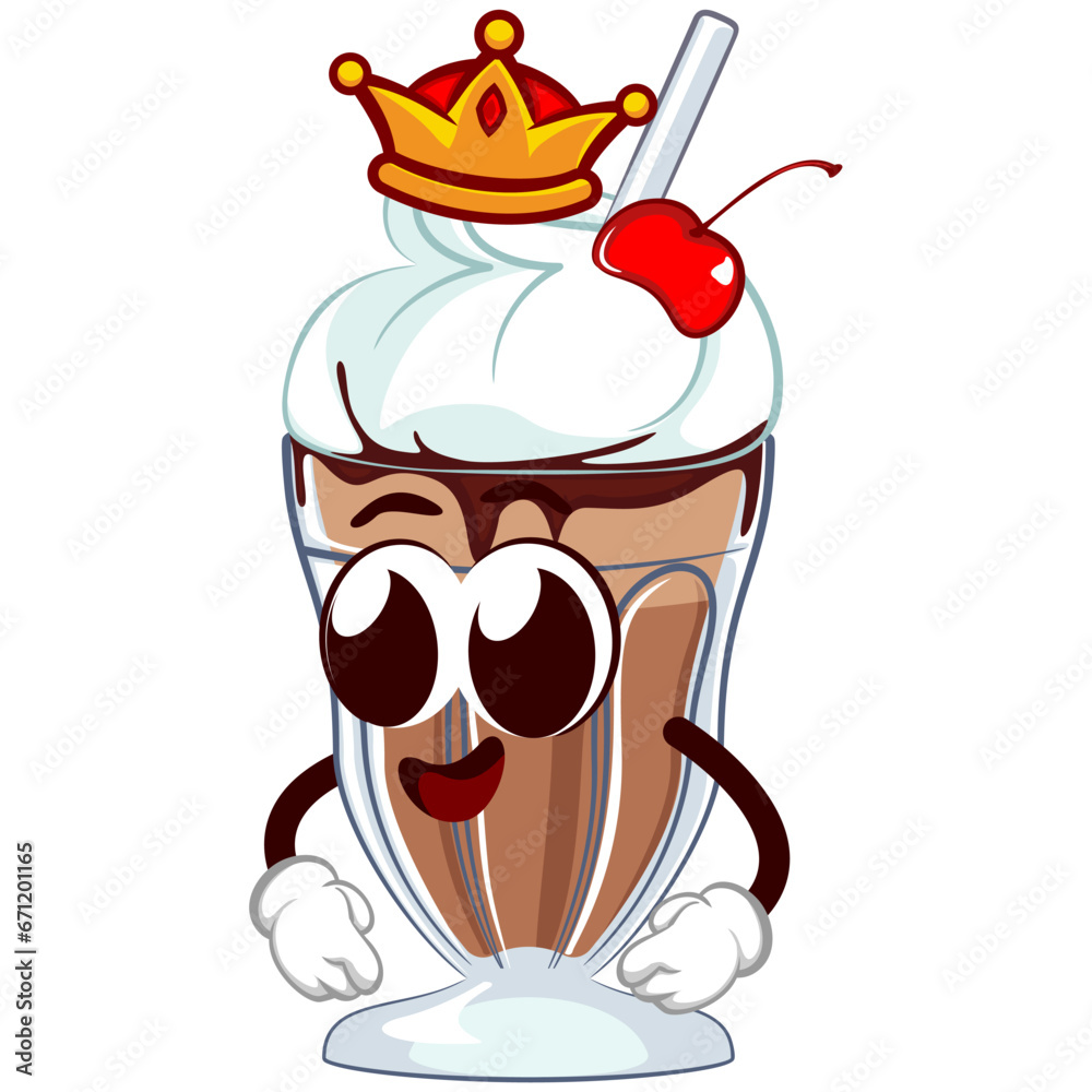 mascot character of a milkshake glass with a funny face of a king ...