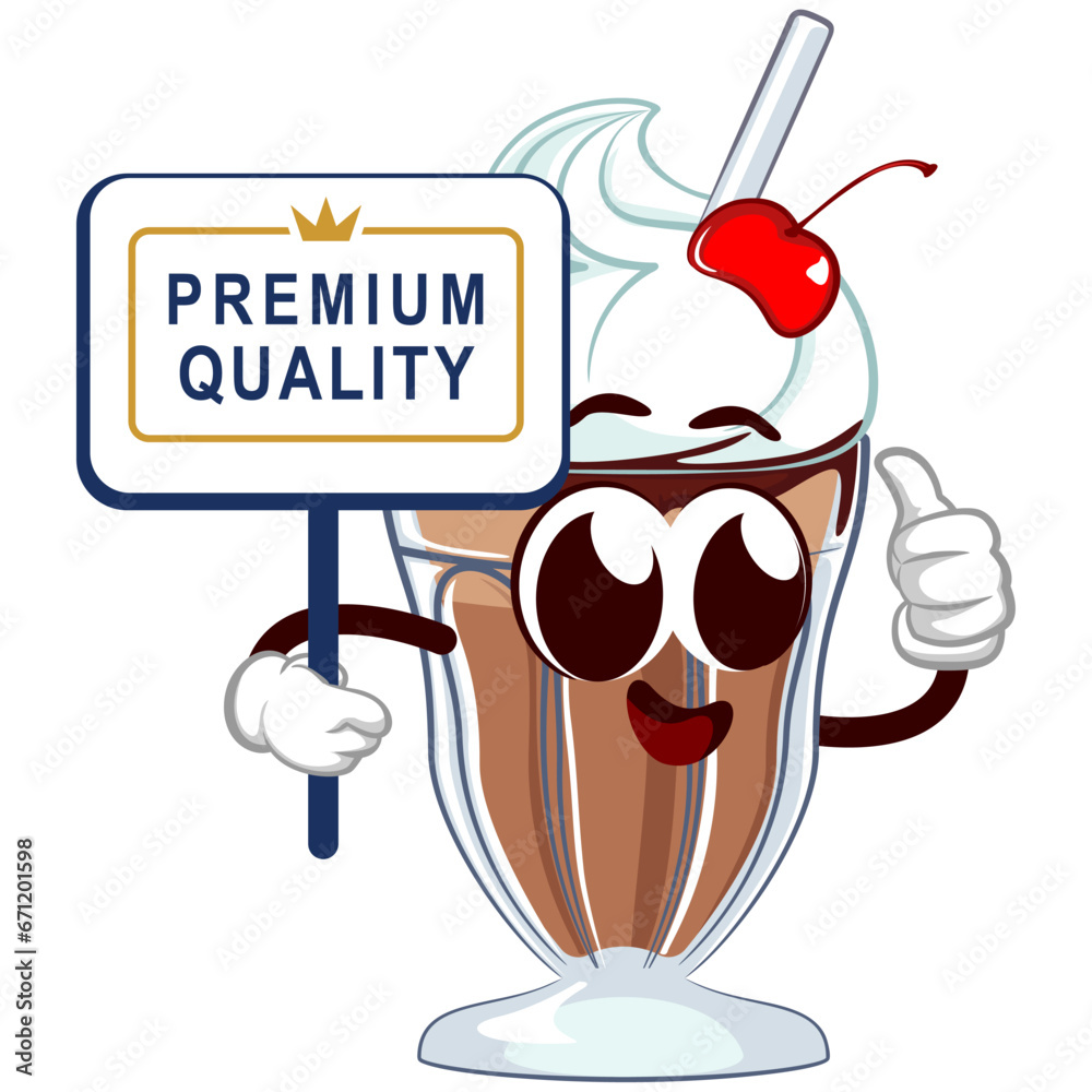 mascot character of a milkshake glass with a funny face carrying a sign ...
