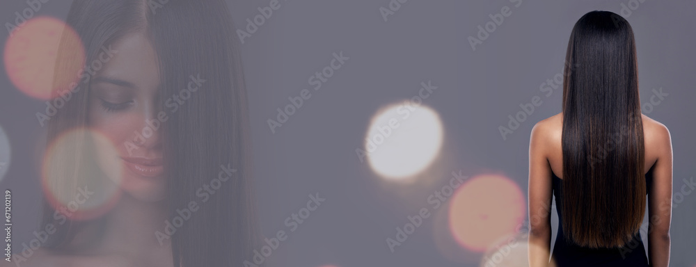 Hair, mockup space and woman with beauty for healthy texture, haircare ...