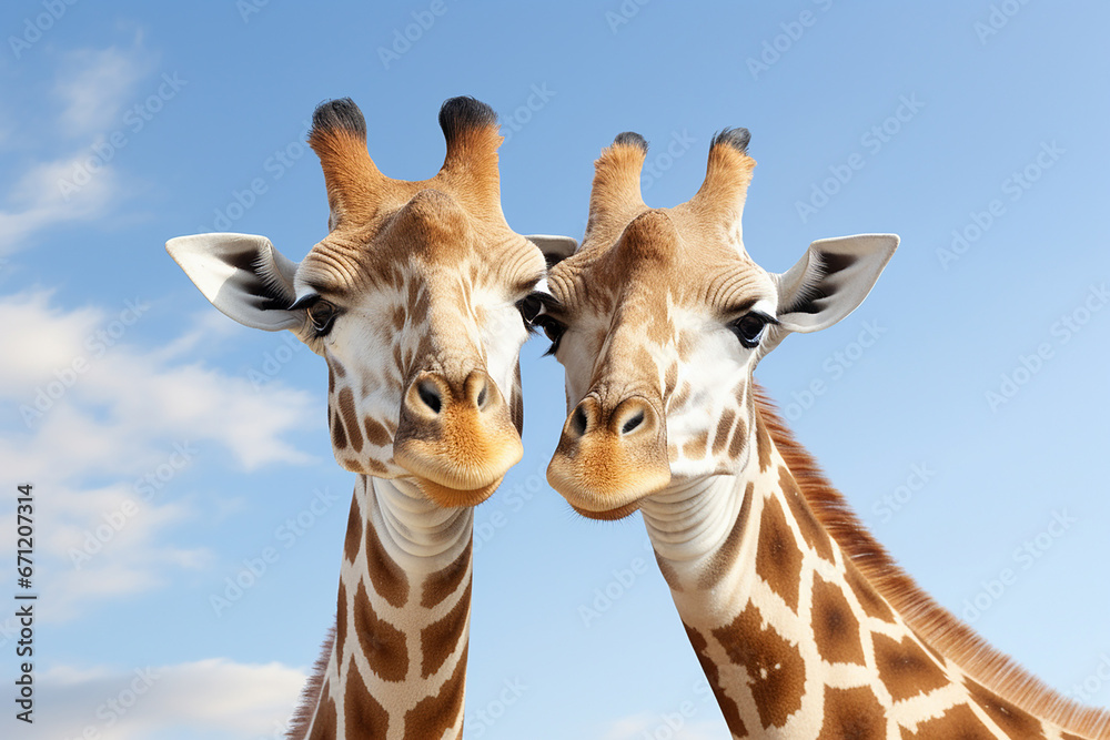 The close up face of two giraffes, a lover couple,are kissing under the ...