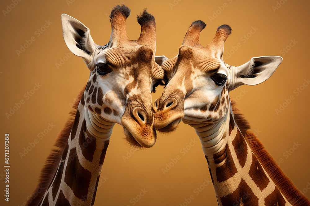 The close up face of two giraffes, a lover couple,are kissing under the ...