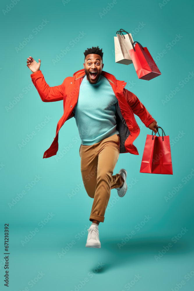 A man is shown running with shopping bags in his hands. This image can ...